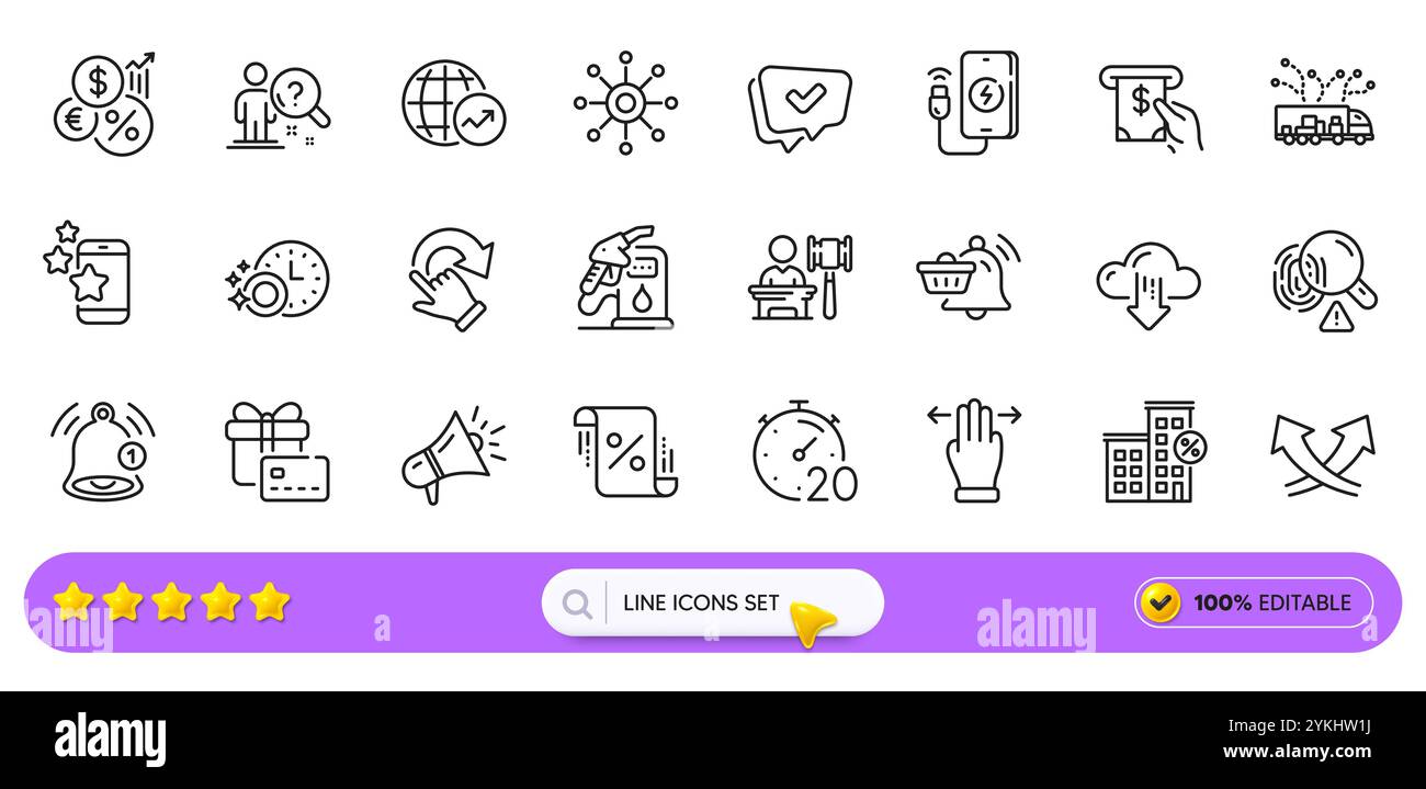 Best app, Phone charging and Gift card line icons for web app. Pack of Atm service, Auction ...