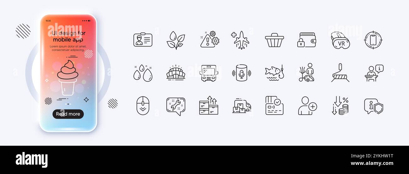 Water drop, Ice cream and Delivery truck line icons for web app. Phone ...