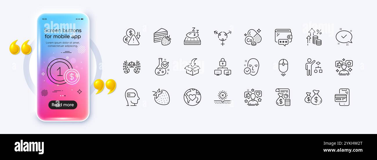 Wallet, Genders and Algorithm line icons for web app. Phone mockup ...