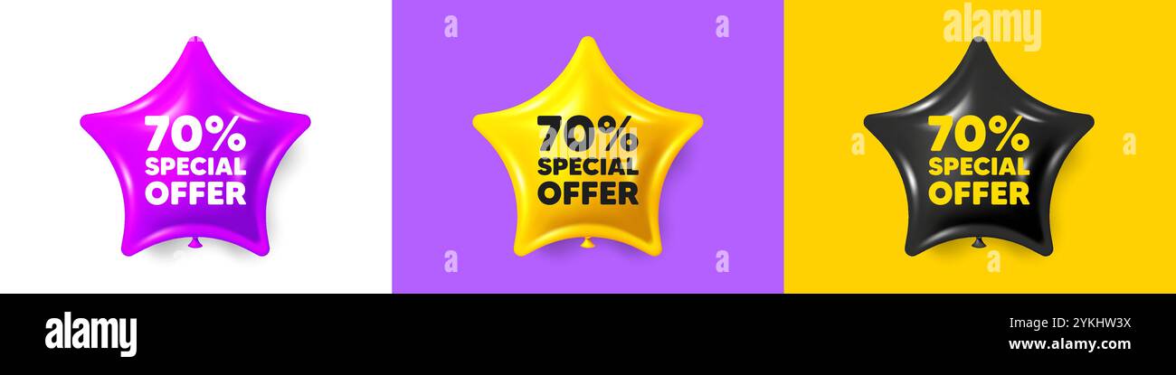70 percent discount offer tag. Birthday star balloons 3d icons. Sale ...