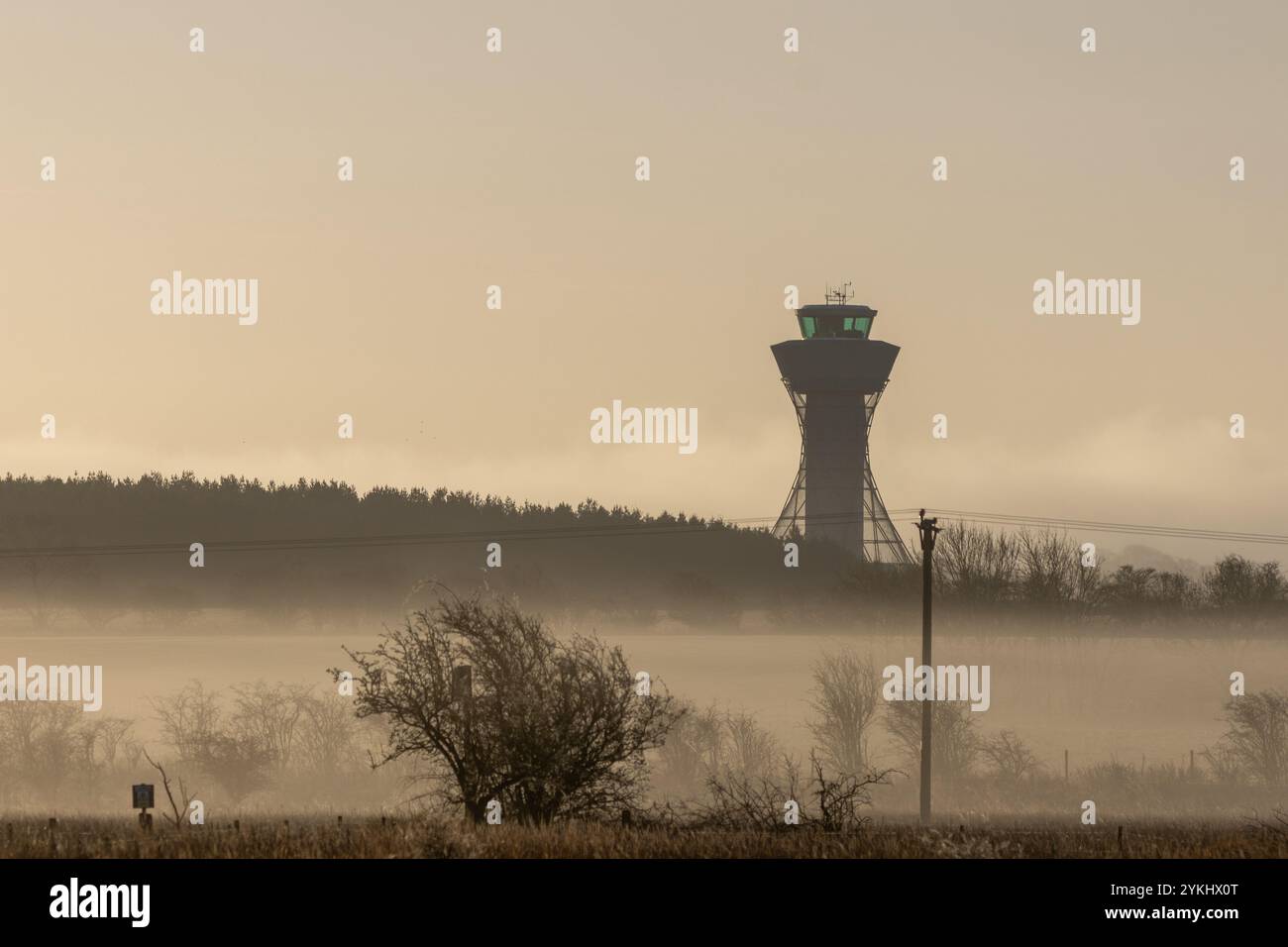 Newcastle airport control tower in the mist Stock Photo - Alamy