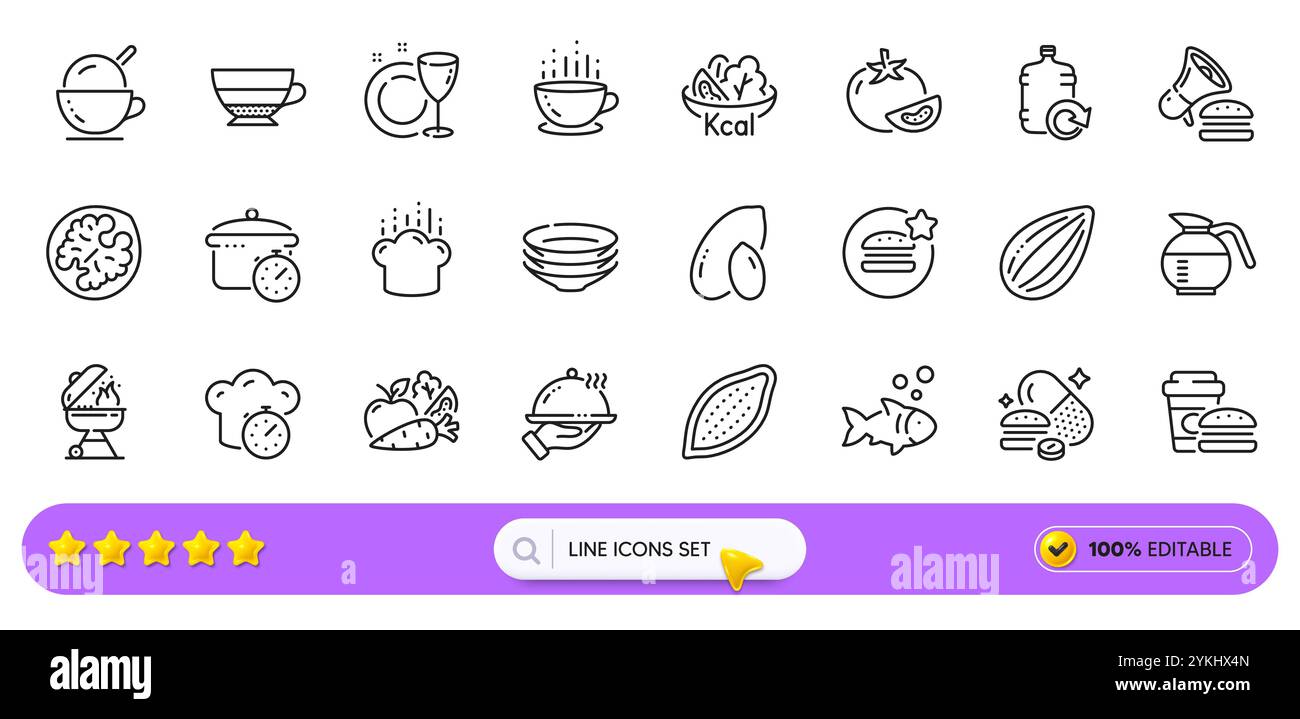 Fast food, Vegetables and Cocoa nut line icons for web app. Pack of ...