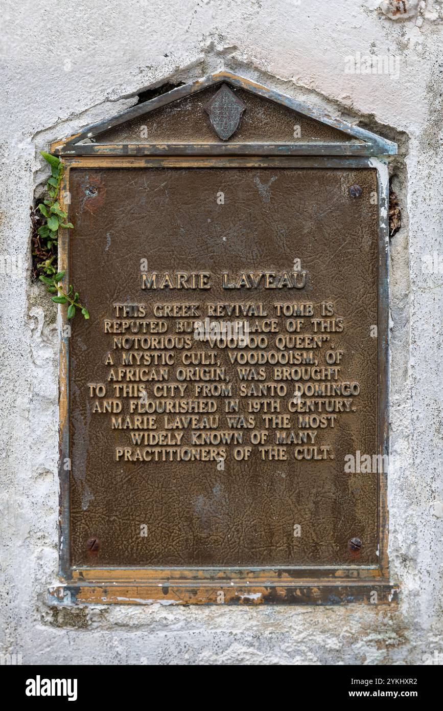 Plaque on the burial place of Marie Laveau, the “ Voodoo Queen”, in the ...