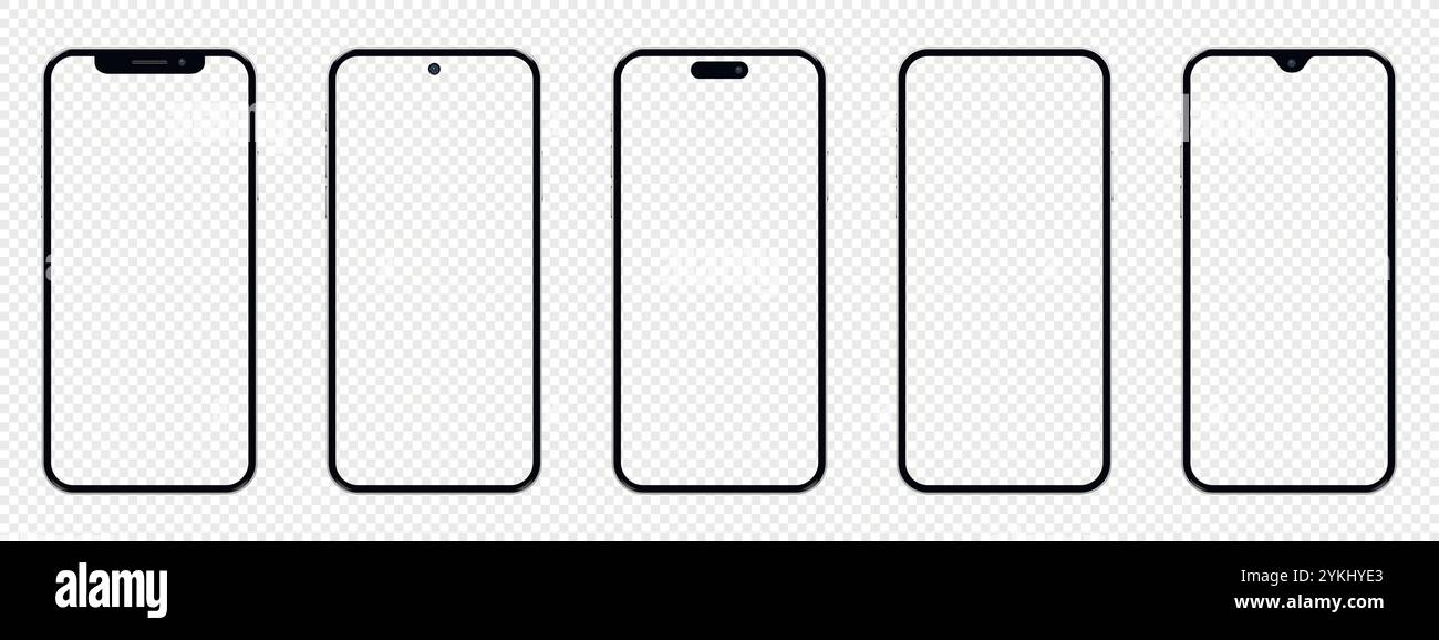 Set of realistic new mobile phones with transparent screens. Cellphone ...
