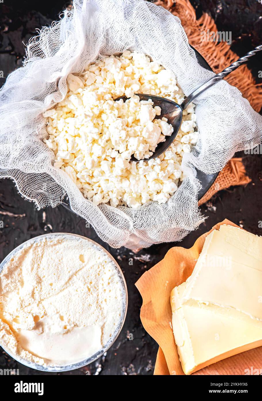 Organic Farming Cottage cheese, Sour cream and Butter. Homemade dairy ...