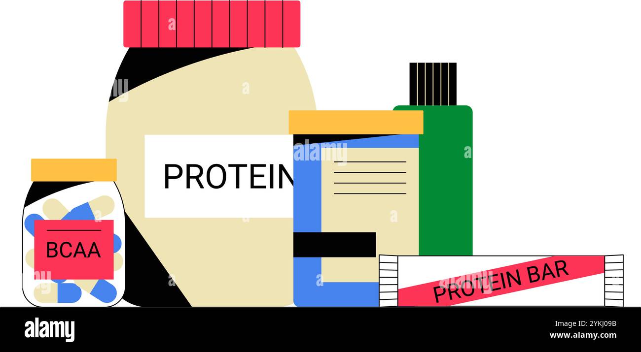 Protein And Nutritional Supplements In Flat Vector Illustration ...