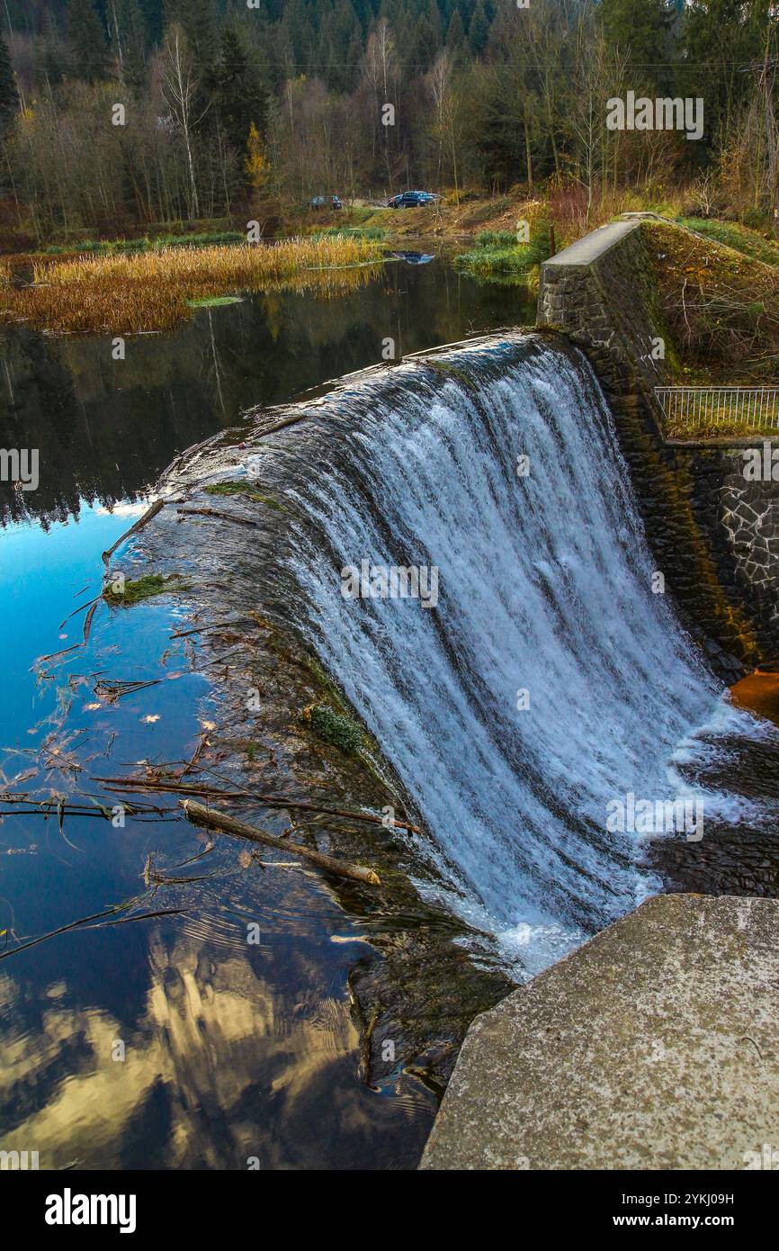 High water level on the Vistula River, water falling from the waterfall ...