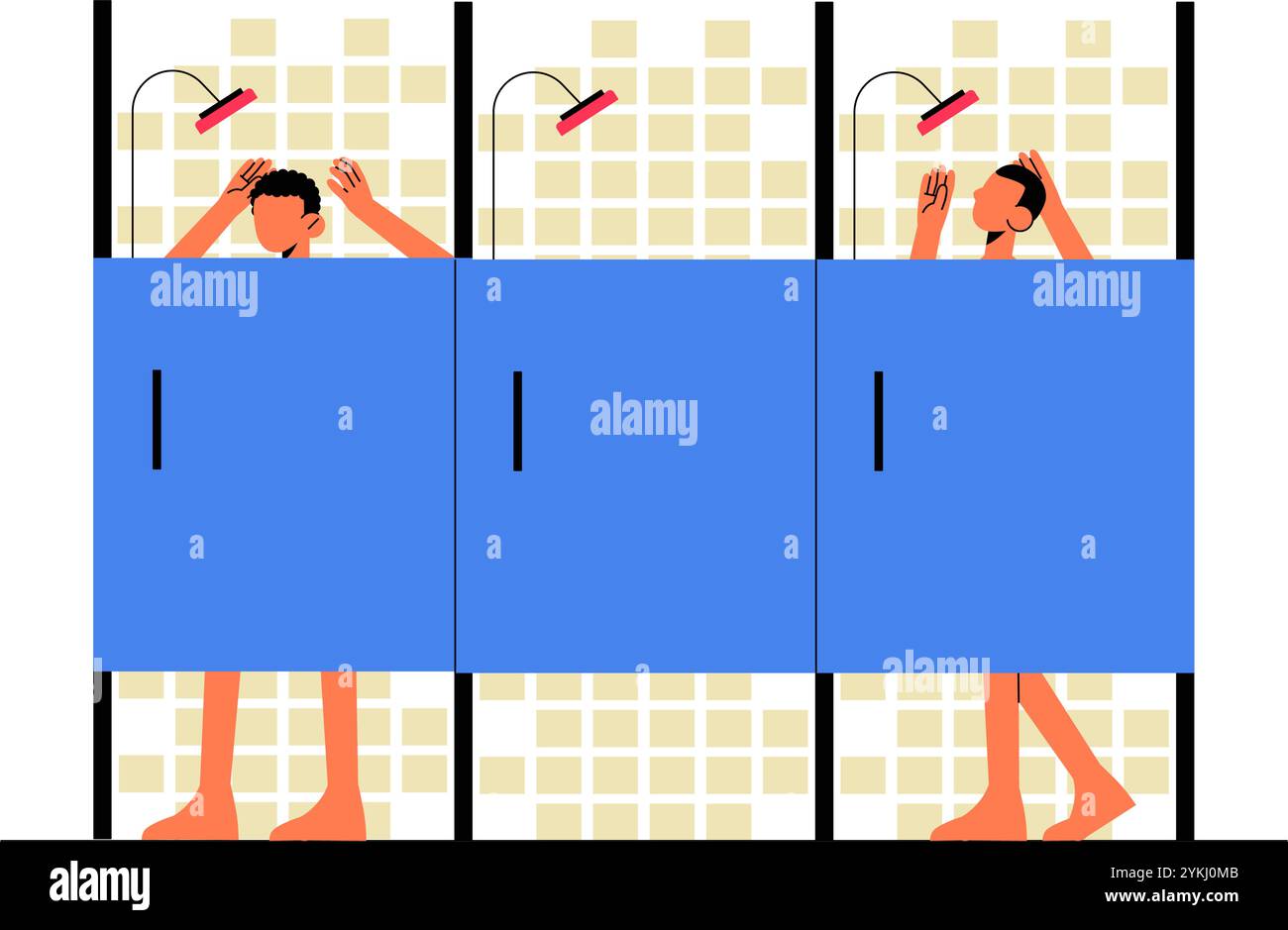 Shower Cubicles With Male Characters In Flat Vector Illustration ...