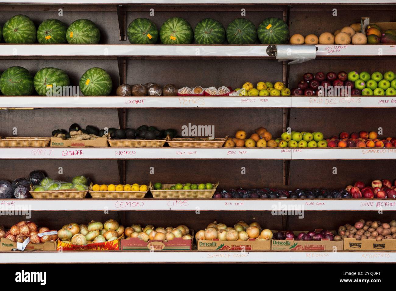 Fresh produce display with fruits and vegetables at a local market ...