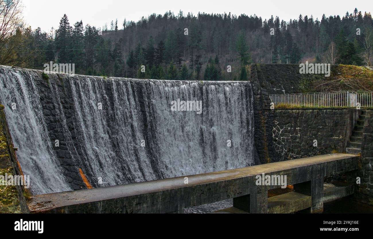 High water level on the Vistula River, water falling from the waterfall ...
