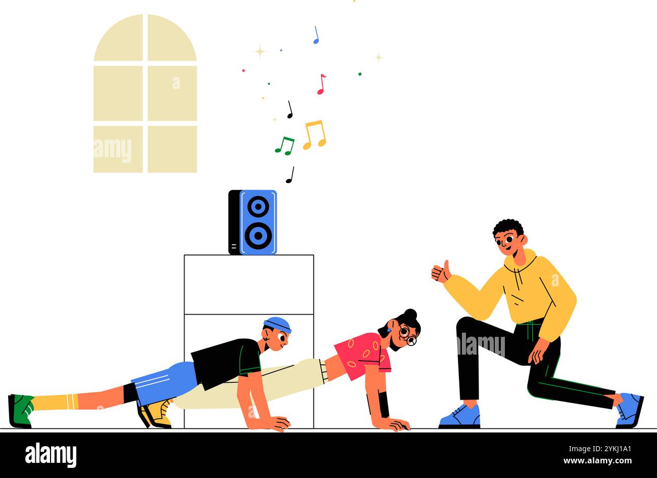 Group Fitness Training With Athletes Exercising In Flat Vector ...