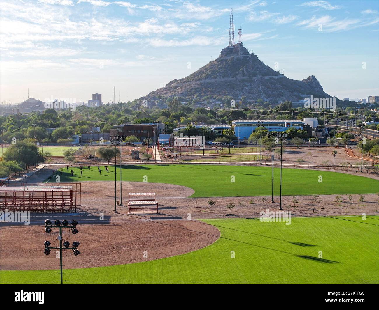 General view of the fields of the Carcamo sports park, aerial view of Cerro de la Campana in ...