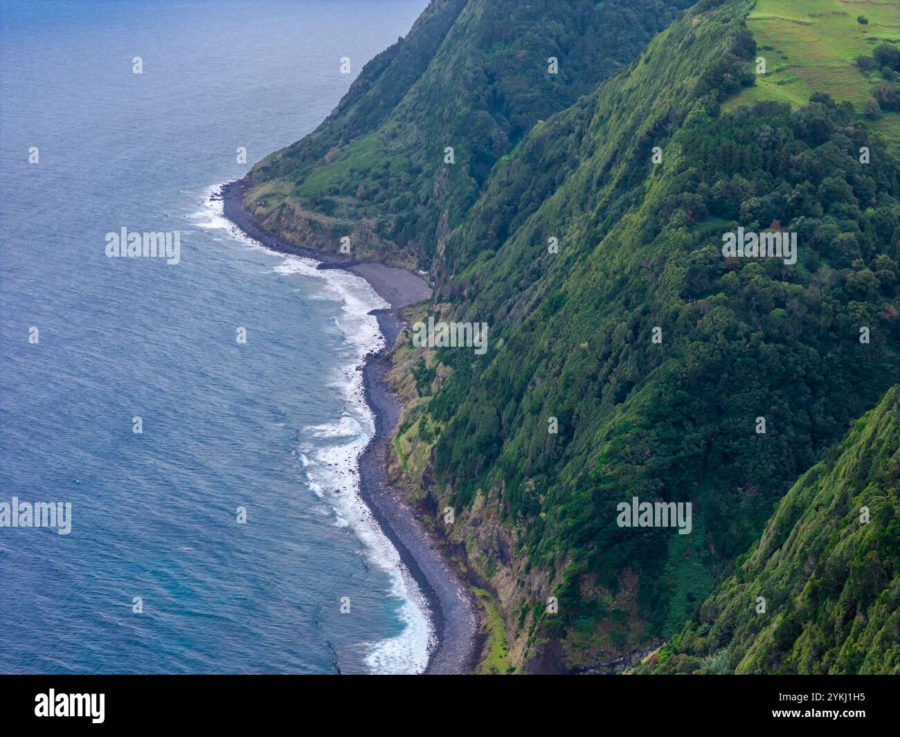 Aerial drone view of Sao Miguel island landscape with coast cliff from ...
