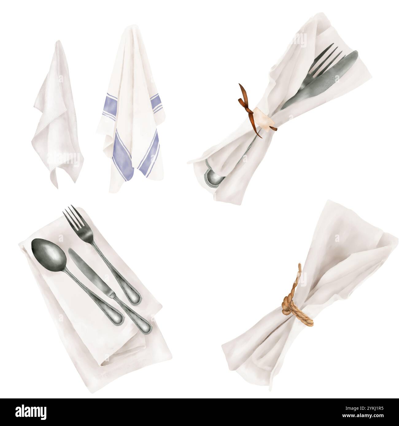 Fork and knife wrapped in linen napkin, serving set. Watercolor digital ...