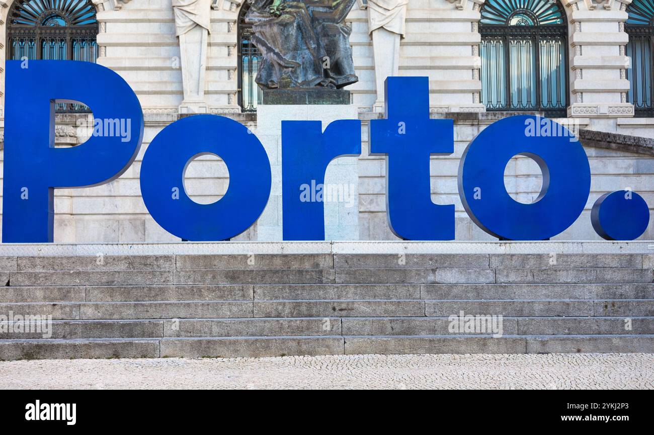 Giant blue Porto sign in front of Porto City Hall, Porto, Oporto ...