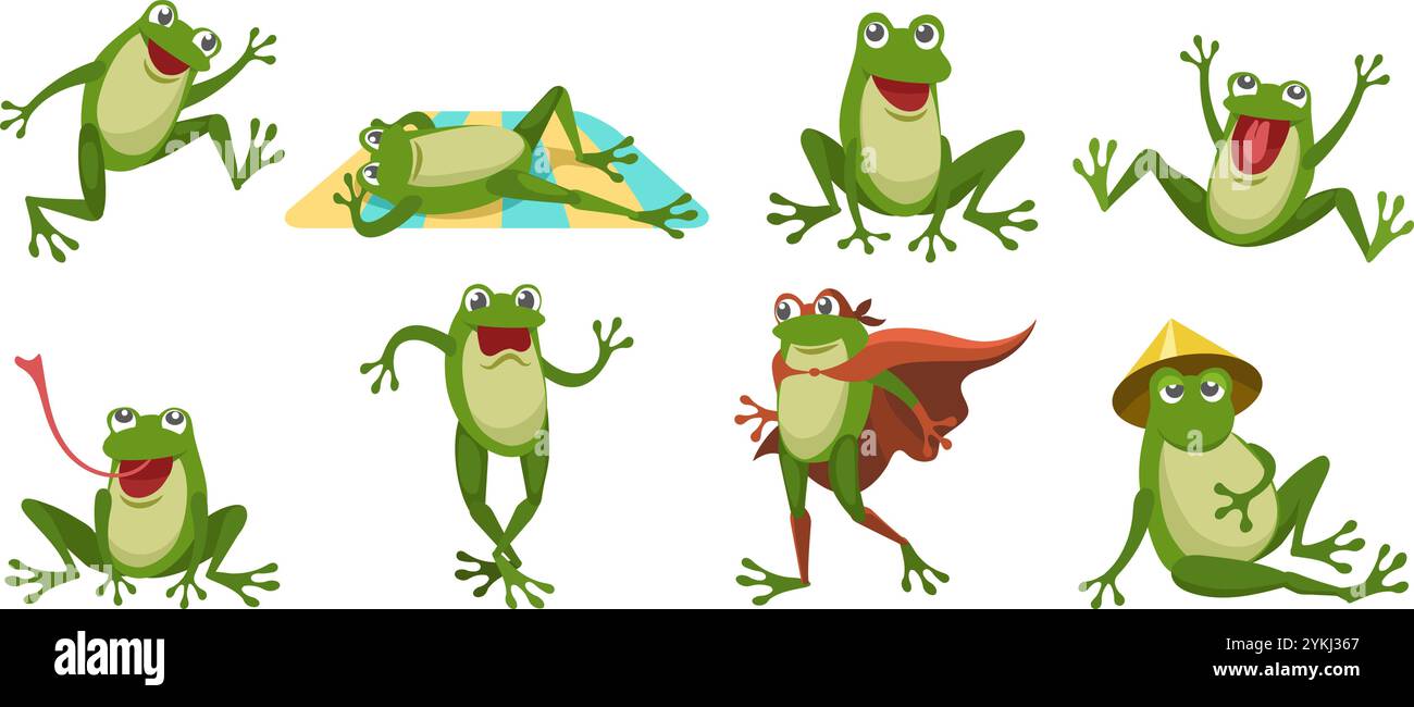 Cartoon frog. Frog in funny action poses character set isolated vector ...