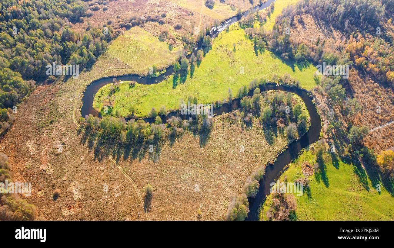 Steep bends and loops of the Merkys river, from above, Valkininkai area ...