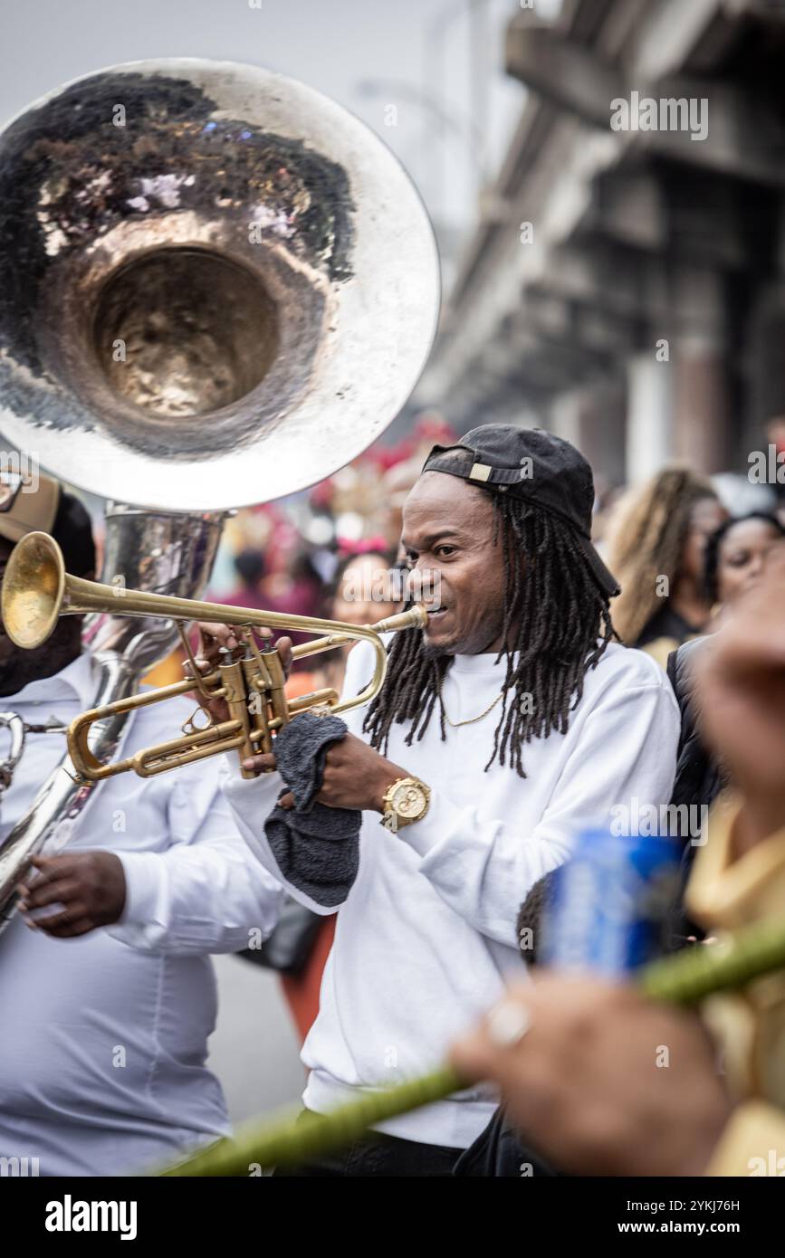 Musicians play in the Second Line parade moving through the streets of ...