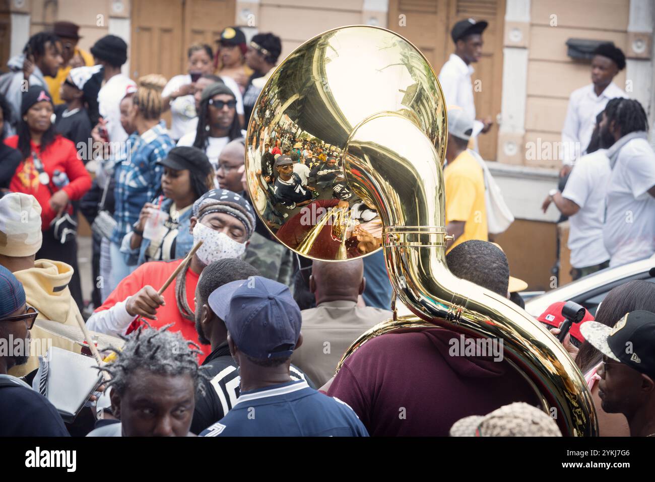 Tuba player in the Second Line parade moving through the streets of the ...