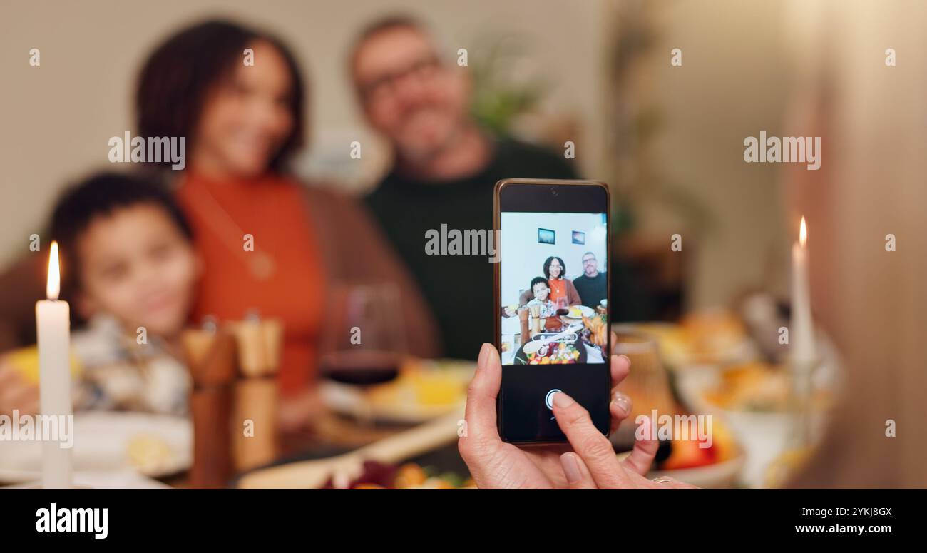 Thanksgiving, food and photo of family in home for lunch, supper and Christmas dinner together ...