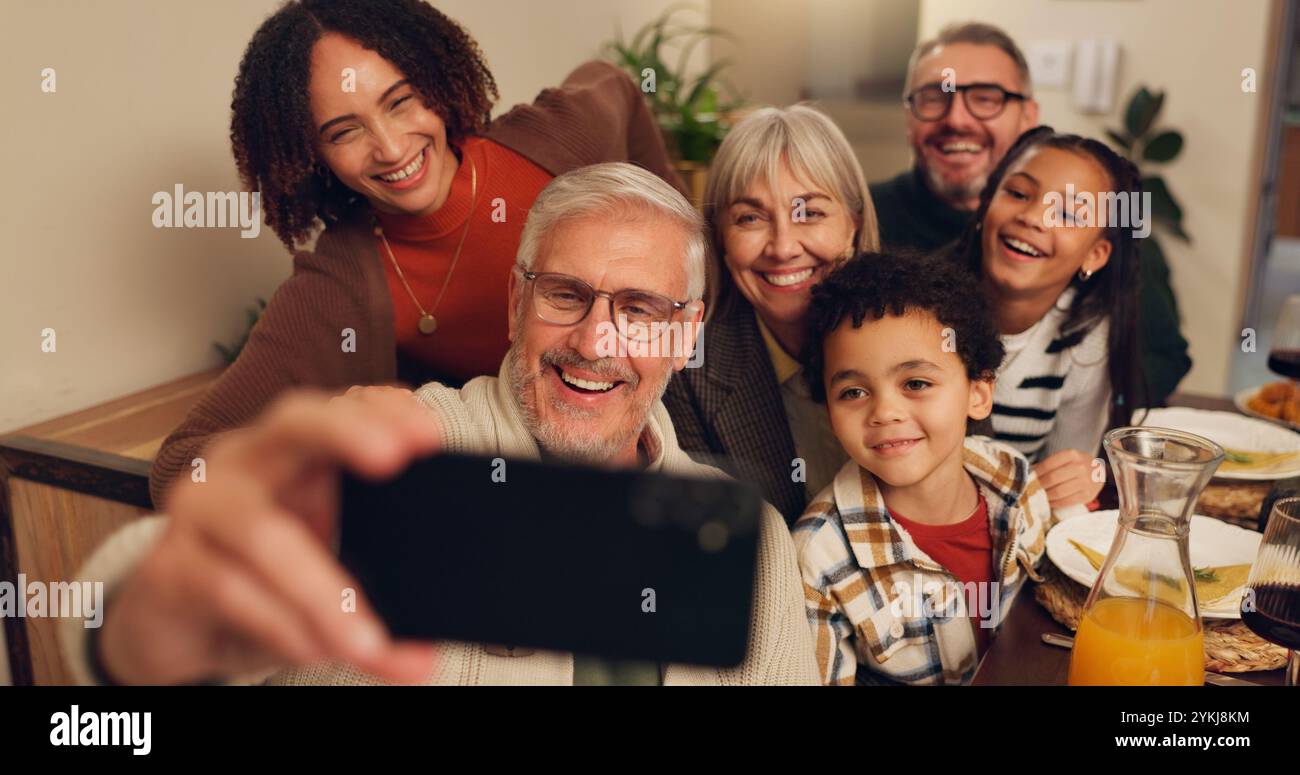 Thanksgiving, food and selfie of family in home for lunch, supper and Christmas dinner together ...