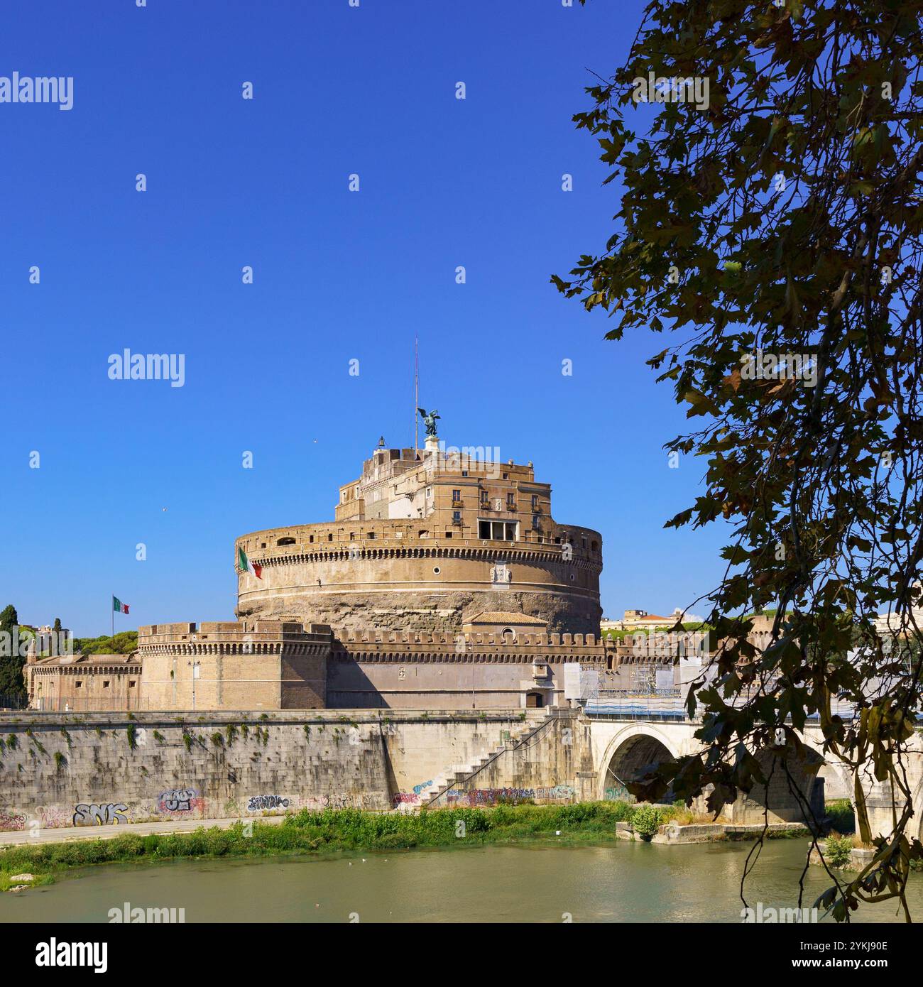 Castle of Holy Angel (Castel Sant Angelo) with no people from the other side of the Tiber river ...
