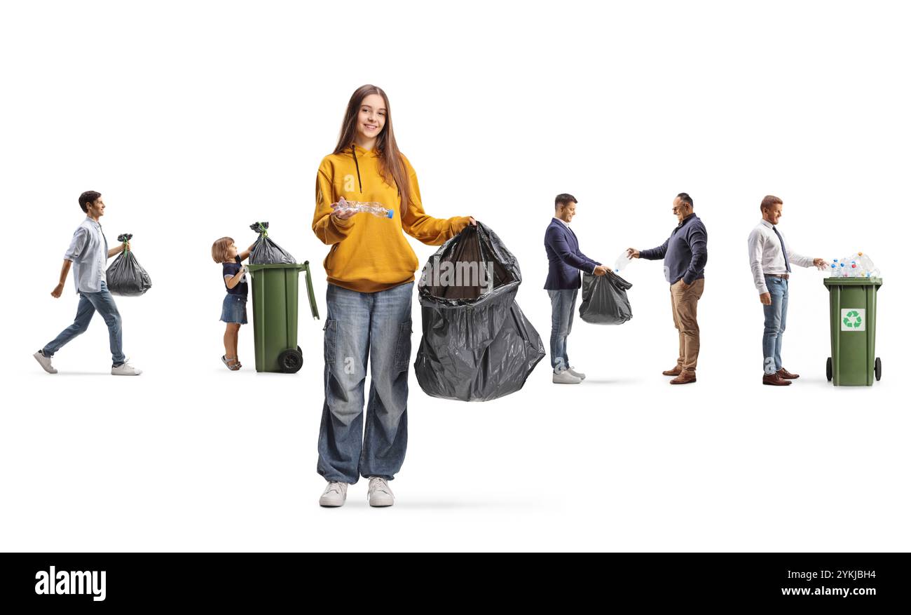 Young and older people collecting waste and recycling isolated on white ...