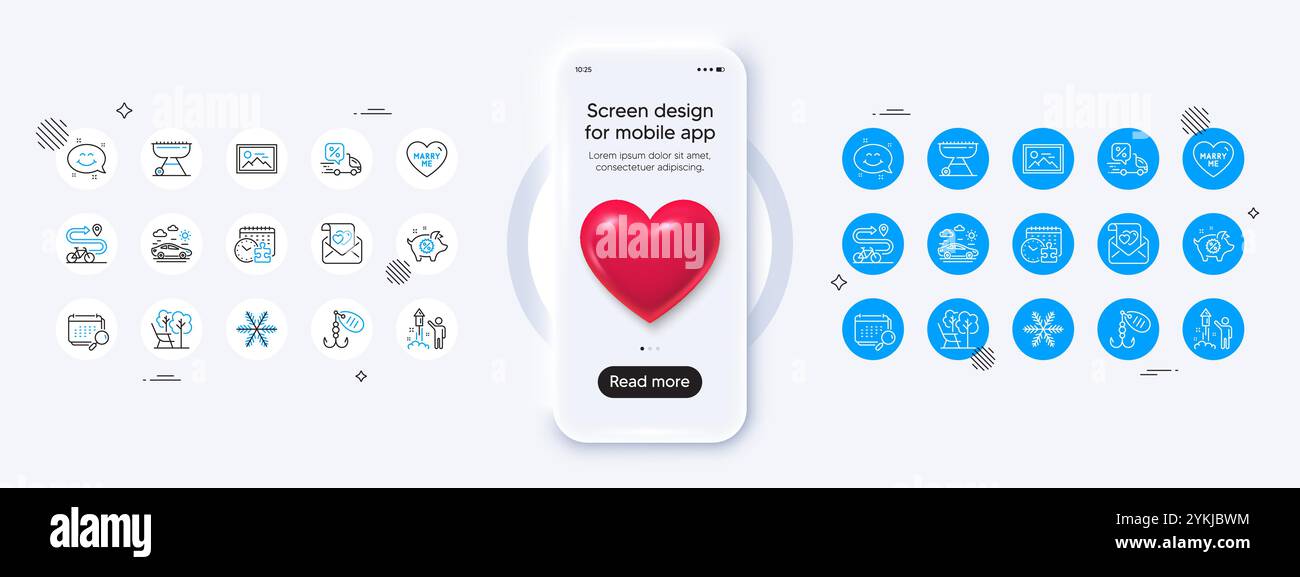 Love letter, Snowflake and Puzzle time line icons. For web app, printing. Phone mockup with 3d ...
