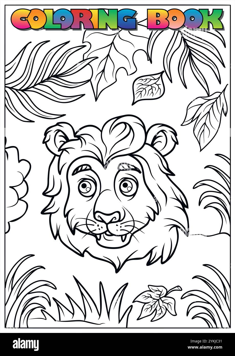 Cartoon lion hiding in the jungle, a coloring book page for children ...