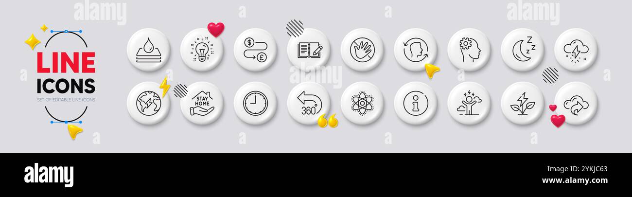 Engineering, Thunderstorm weather and Moon line icons. For web app, printing. White buttons 3d ...