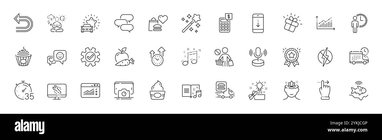 Musical note, Timer and Scroll down line icons. For web app, printing. Line icons. Vector Stock ...