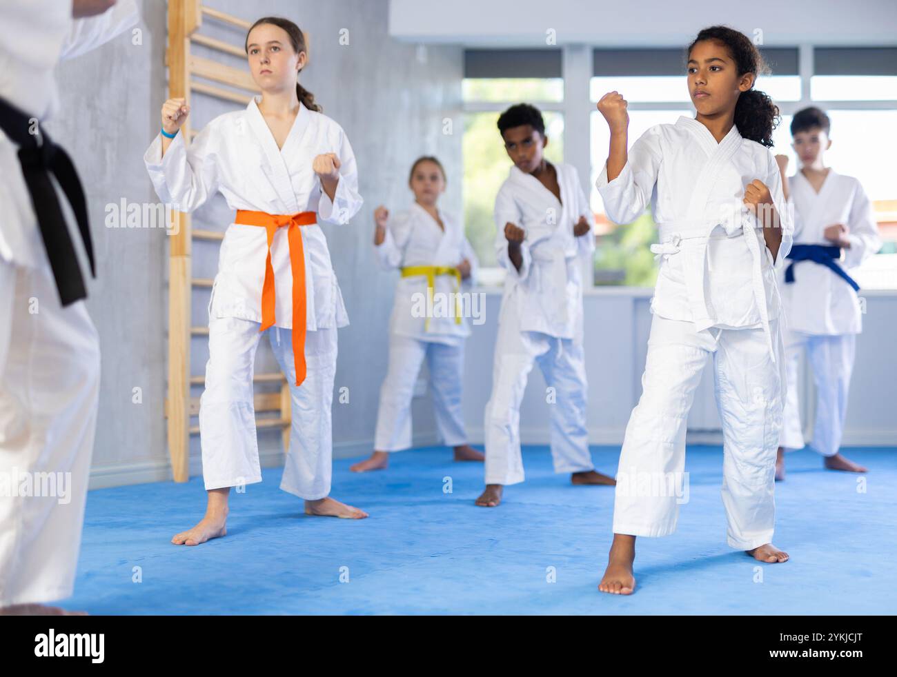 Black girl with group of tweens performing kata routines during karate ...