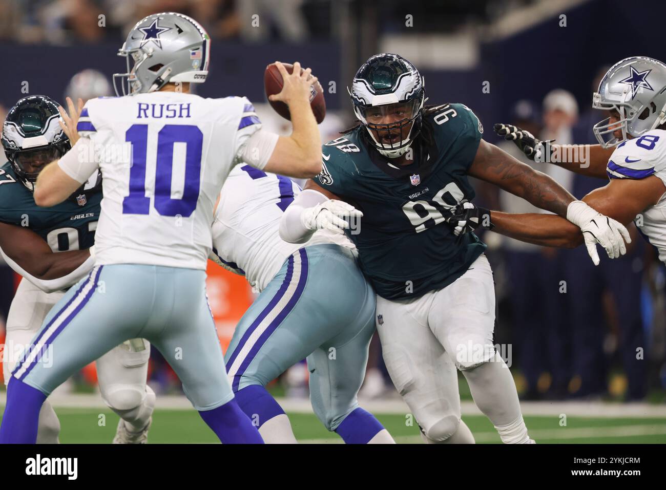 Philadelphia Eagles defensive tackle Jalen Carter (98) looks to sack ...