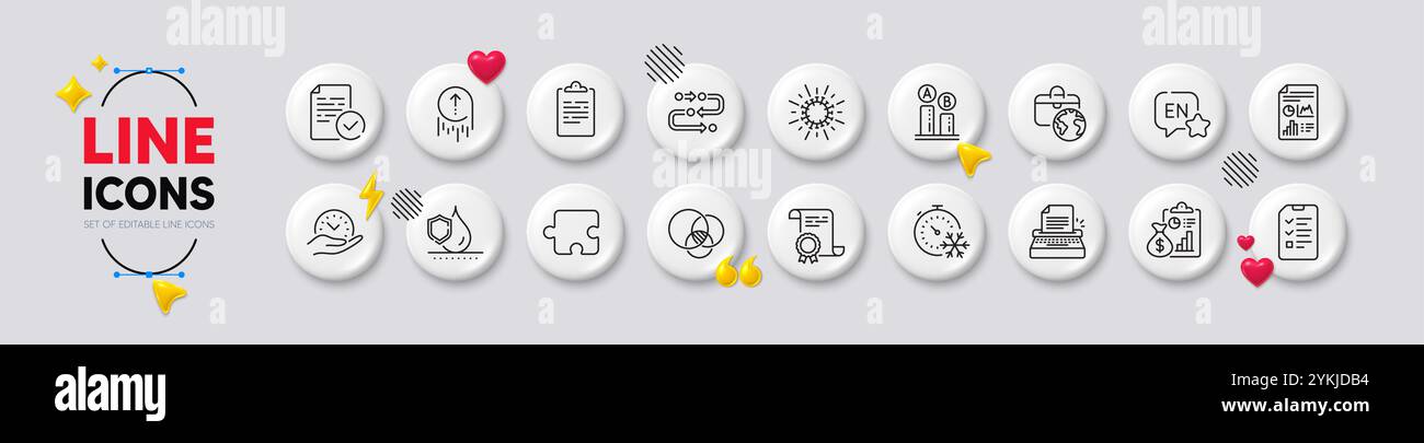 Report, Euler diagram and English line icons. For web app, printing. White buttons 3d icons ...