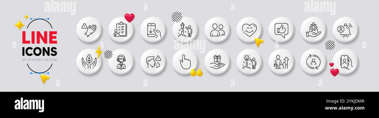 Smile face, Use gloves and Hand click line icons. For web app, printing. White buttons 3d icons ...