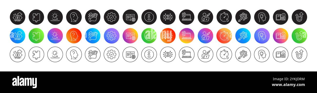 Instruction info, Idea head and Execute line icons. For web app, printing. Round icon buttons ...