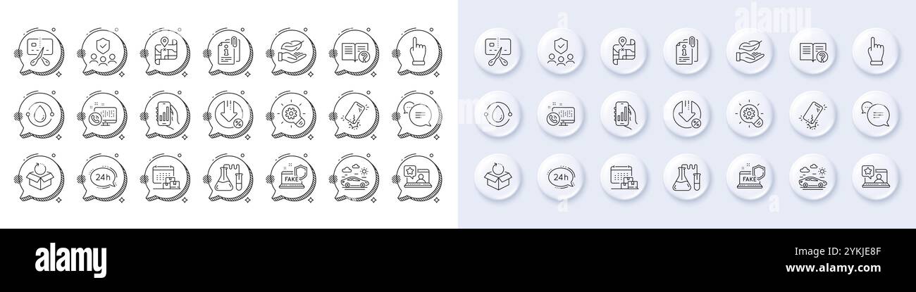Chemistry lab, 24h service and Attached info line icons. For web app, printing. Line icons ...