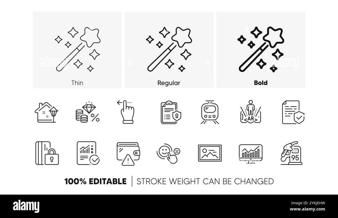 Train, Checked calculation and Petrol station line icons. For web app, printing. Line icons ...