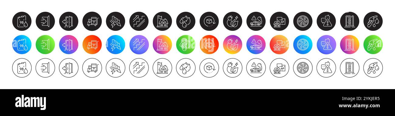 Exit, Inventory cart and Green energy line icons. For web app, printing ...