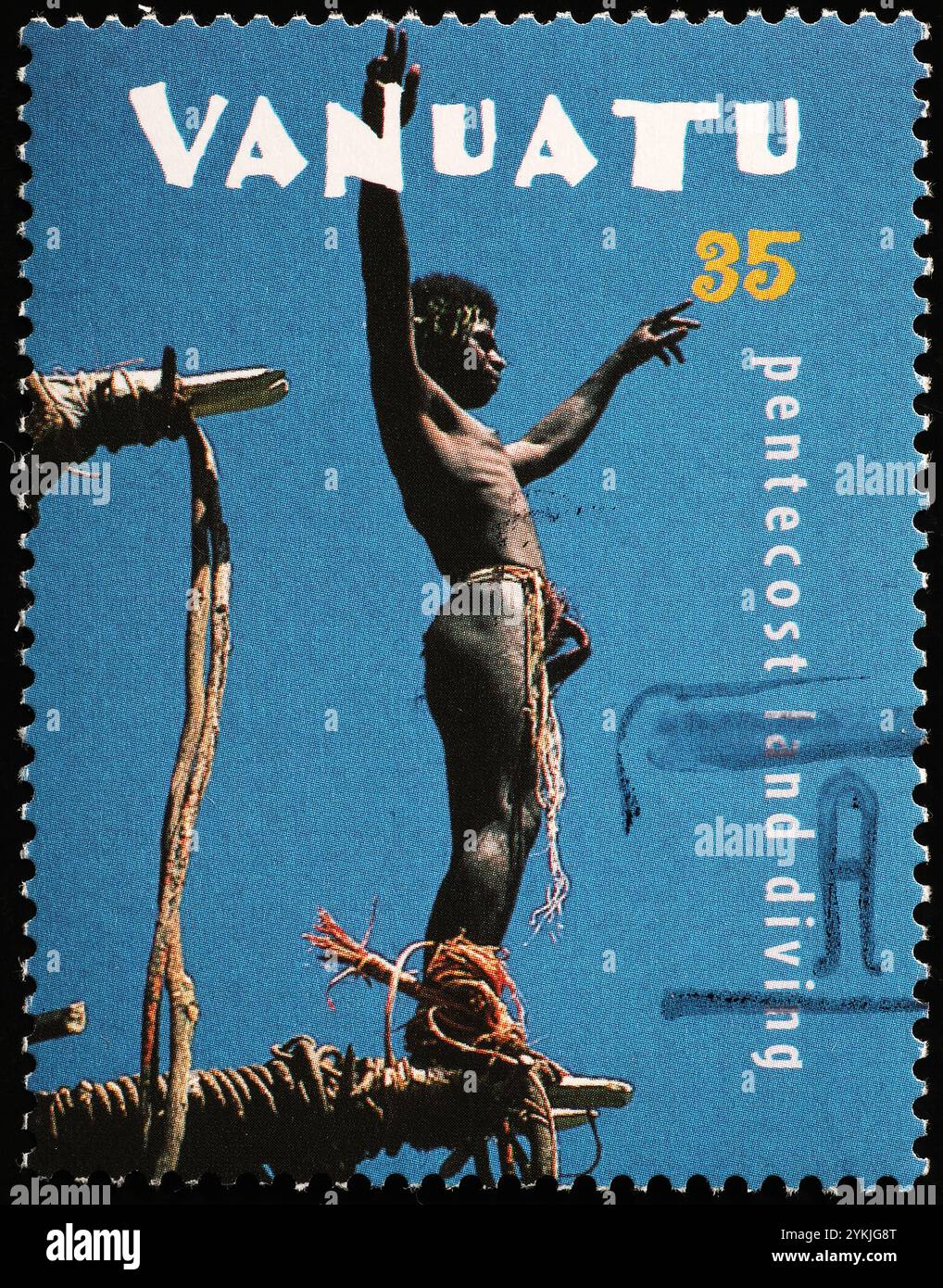 Pentecost island land diving on postage stamp of Vanuatu Stock Photo ...