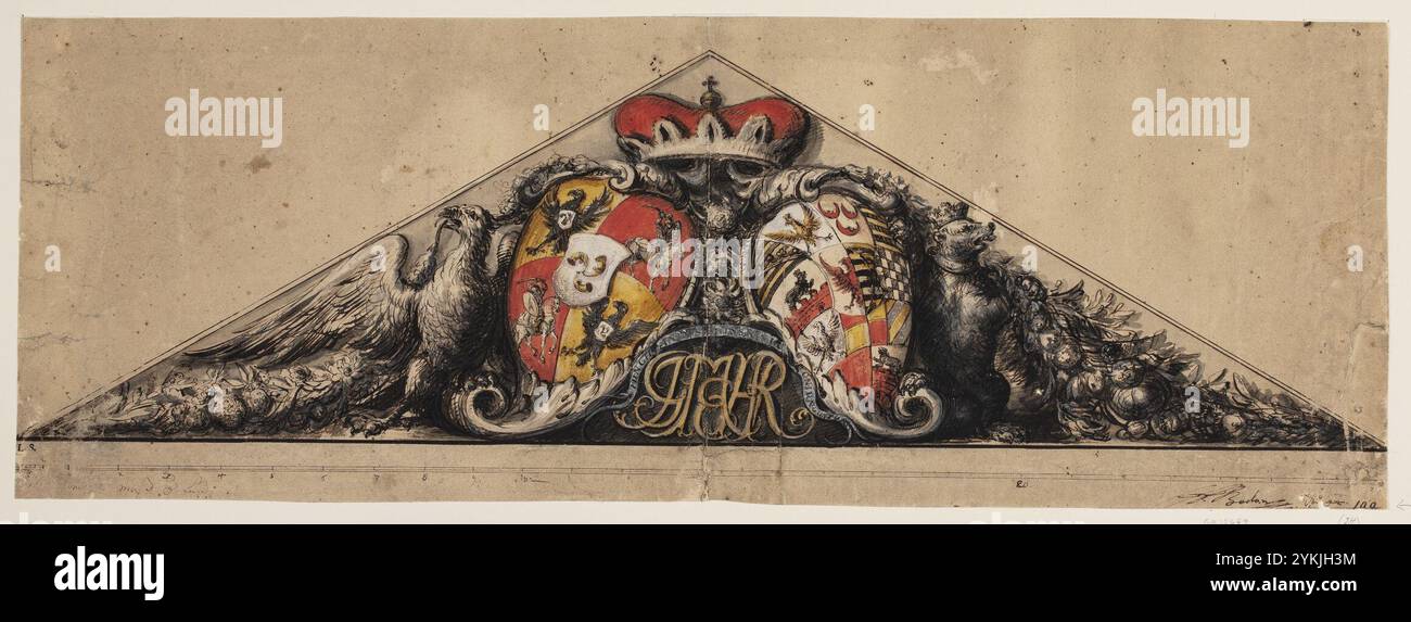 Andreas Bodan II, Heraldisk udkast indfældet i en trekantsfronton Stock Photo - Alamy