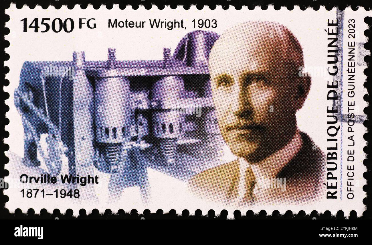 Orville Wright and his engine on african postage stamp Stock Photo - Alamy