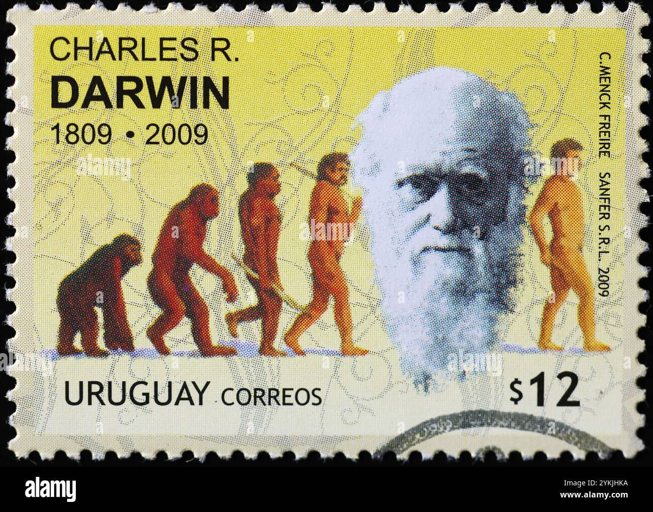 The evolution of man and Charles Darwin on postage stamp Stock Photo ...