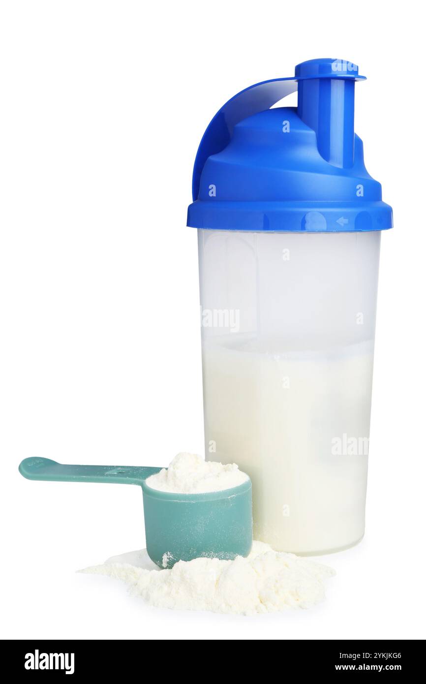 Protein powder, scoop and shaker isolated on white Stock Photo - Alamy