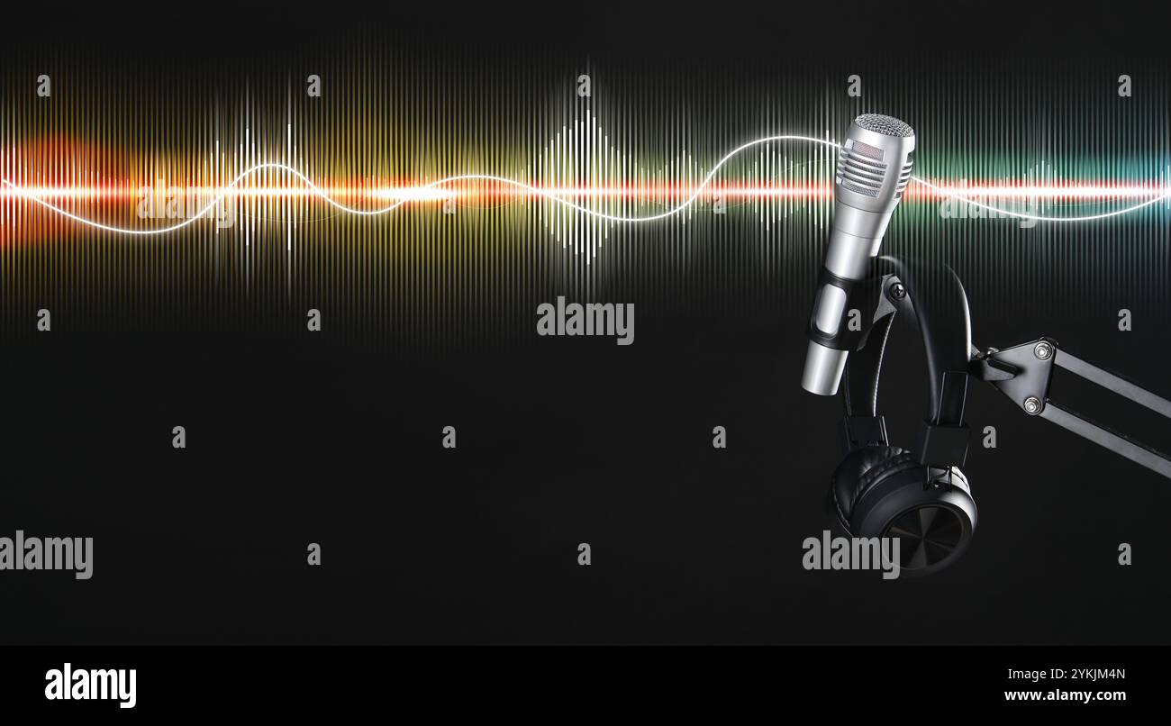 Sound wave, microphone and headphones on black background. Banner ...