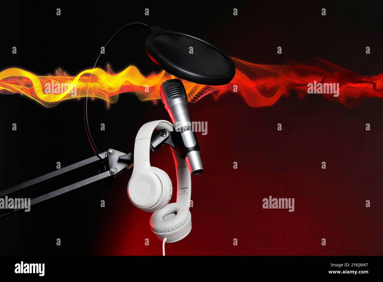 Sound wave, microphone, headphones and pop filter on red gradient ...