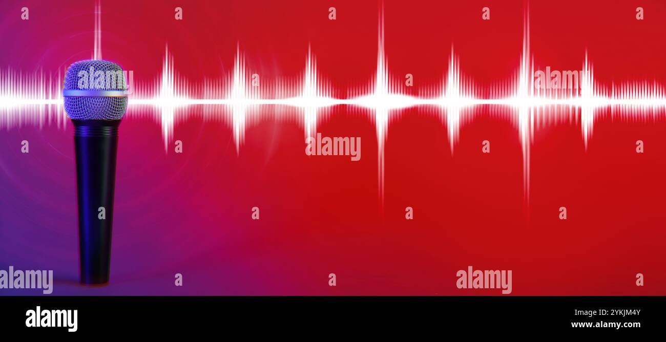 Sound wave and microphone on red and purple gradient background. Banner ...