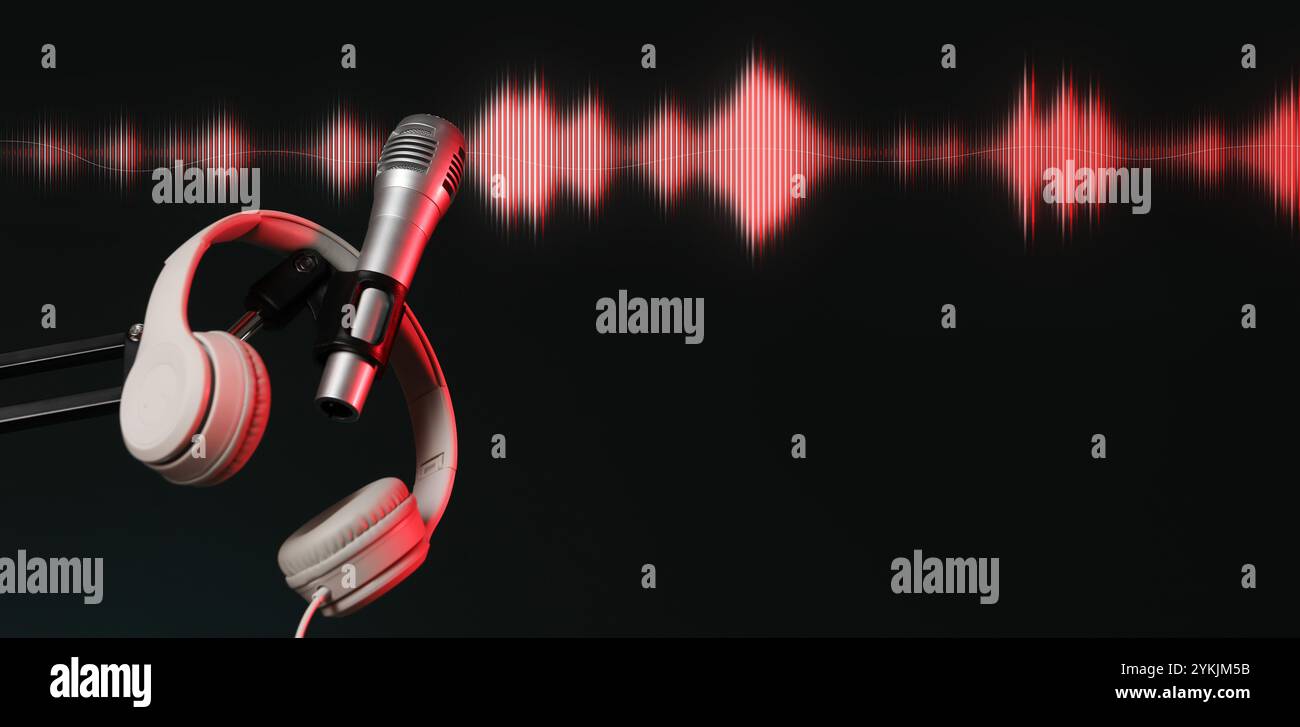 Sound wave, microphone and headphones on black background. Banner ...