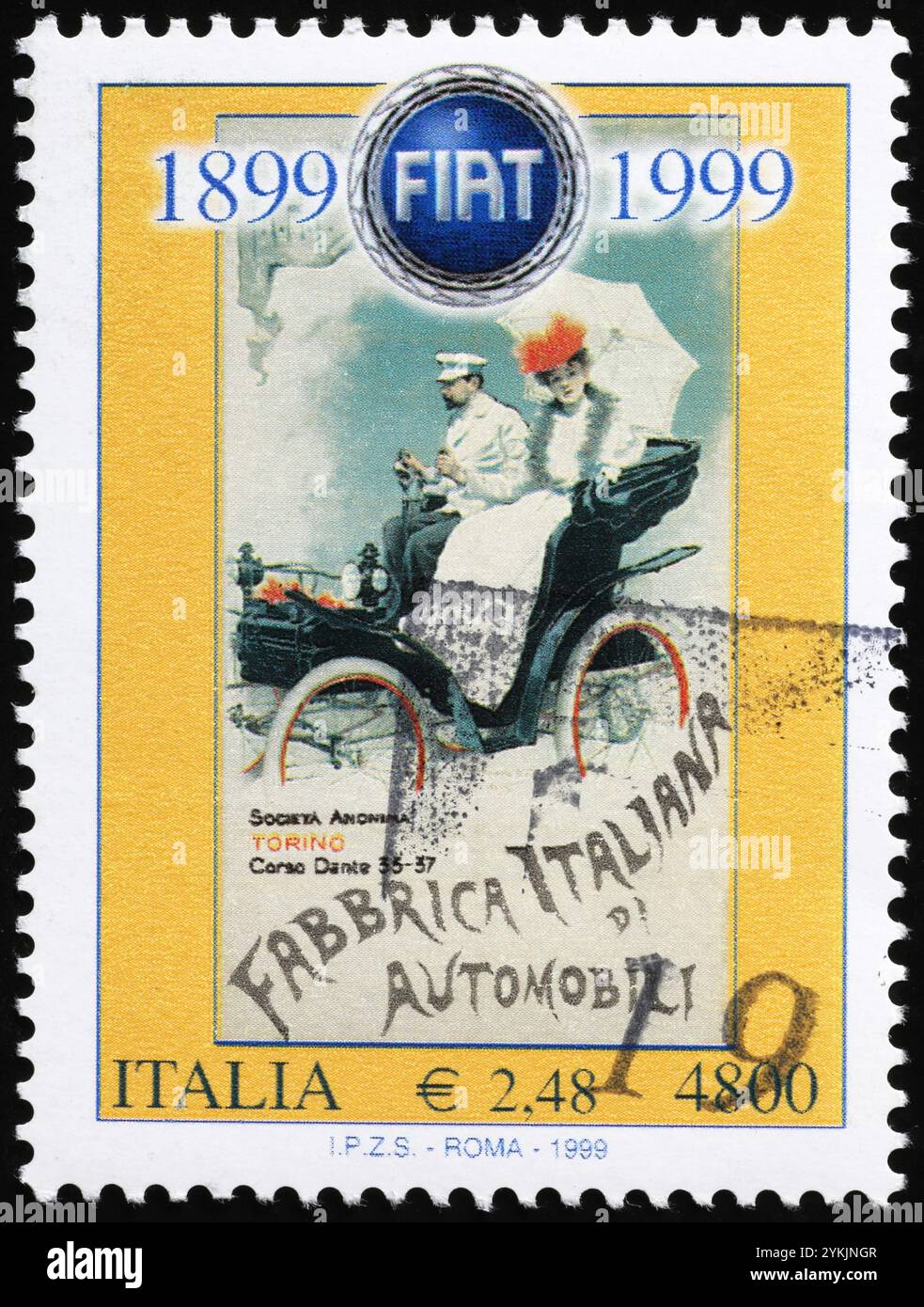 Vintage poster of Fiat cars on italian postage stamp Stock Photo - Alamy