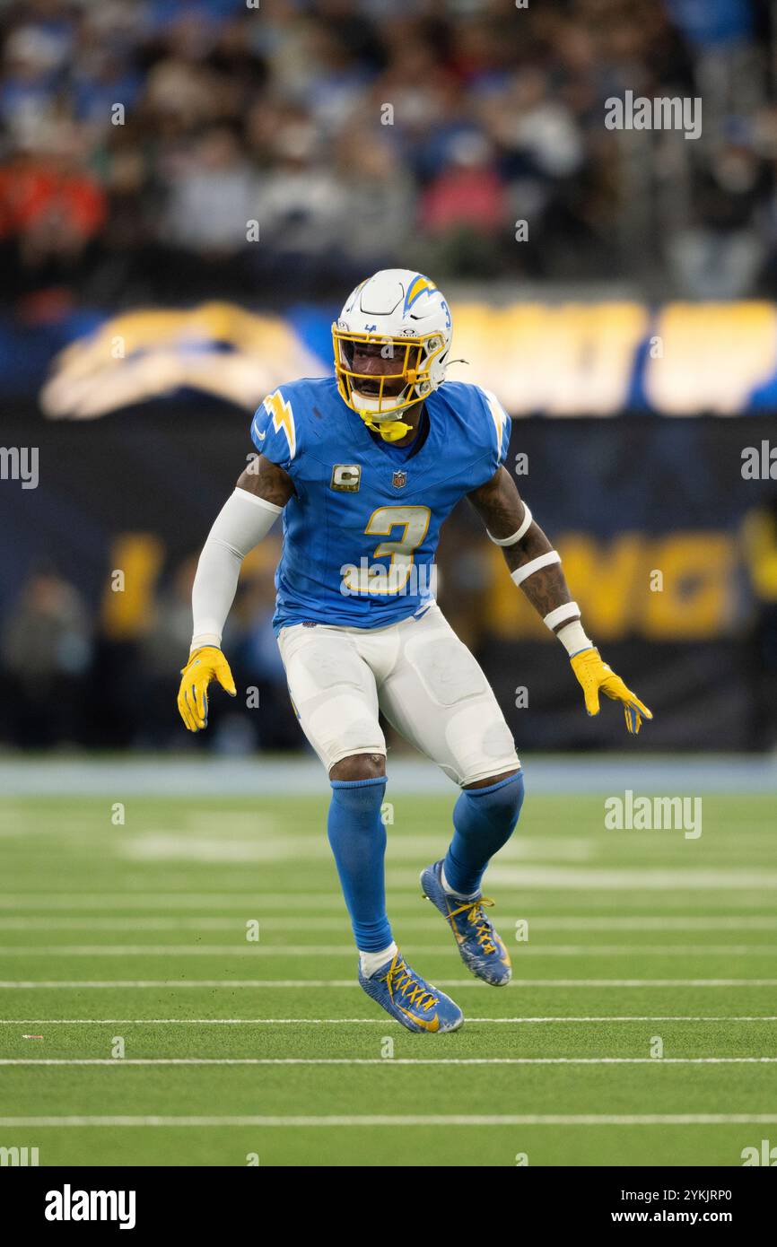 Los Angeles Chargers safety Derwin James Jr. (3) takes his stance ...